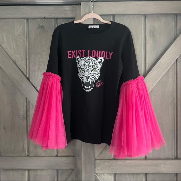 Kate Hewko | Tops | Kate Hewko Exist Loudly Pink Tulle Sleeves Black ...